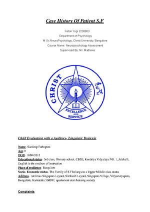 Case History Sample 2 - Case History - 3 Demographics Name: Mr. N SES ...