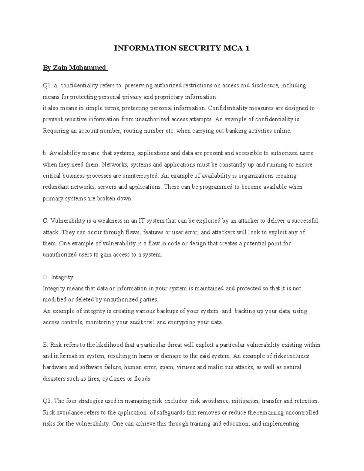 INFORMATION SECURITY OVERVIEW MCA 1 - Zain Mohammed - Studocu