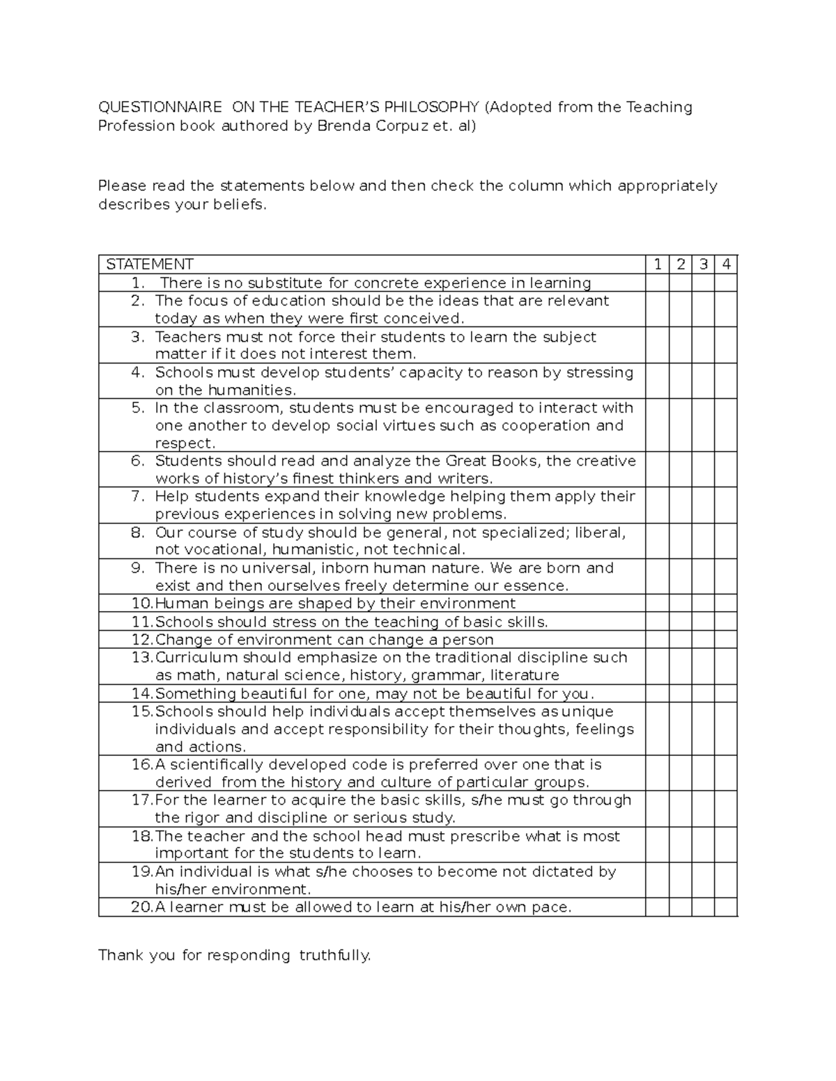 QUESTIONNAIRE ON THE PHILOSOPHY OF TEACHING (EDU 101) - Studocu
