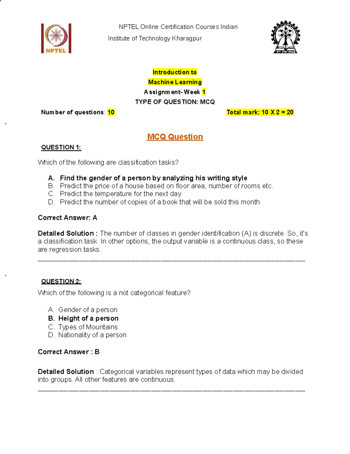 NPTEL ML Assignments: Week 1 to Week 4 MCQ Questions - Studocu