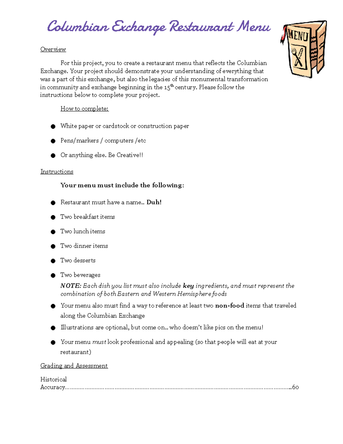 Columbian Exchange Restaurant Menu Project Guidelines (ENG101) - Studocu