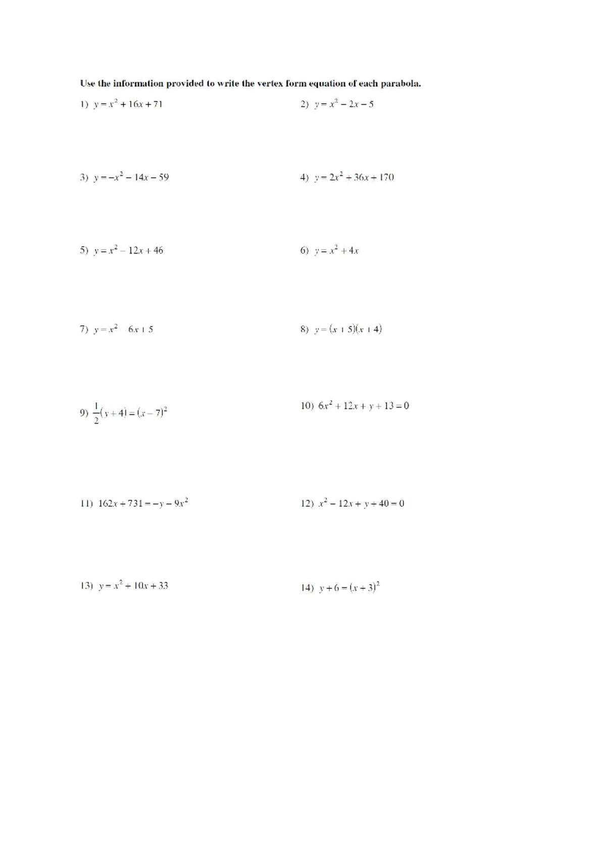 Parabola Practice Questions: Vertex Form & Properties Analysis - Studocu
