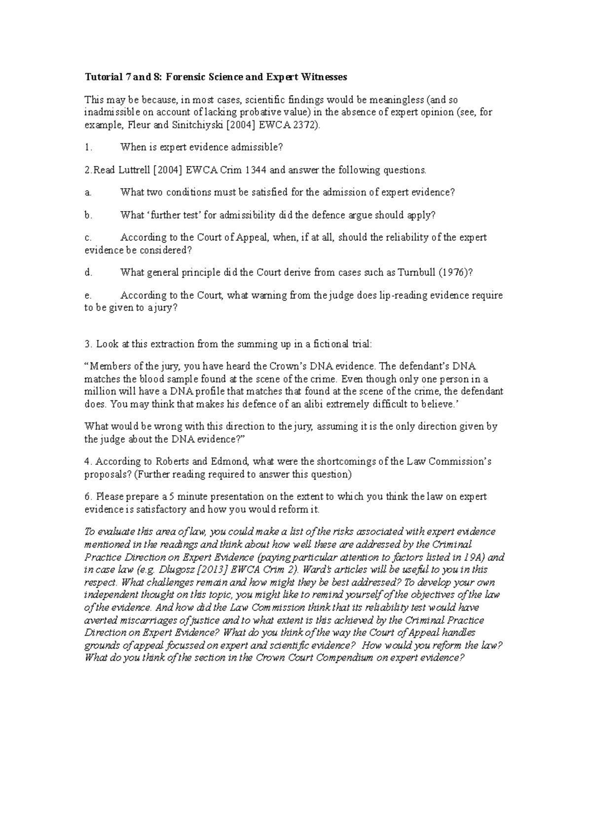 Tutorials 7 & 8: Forensic Science and Expert Witnesses Analysis - Studocu