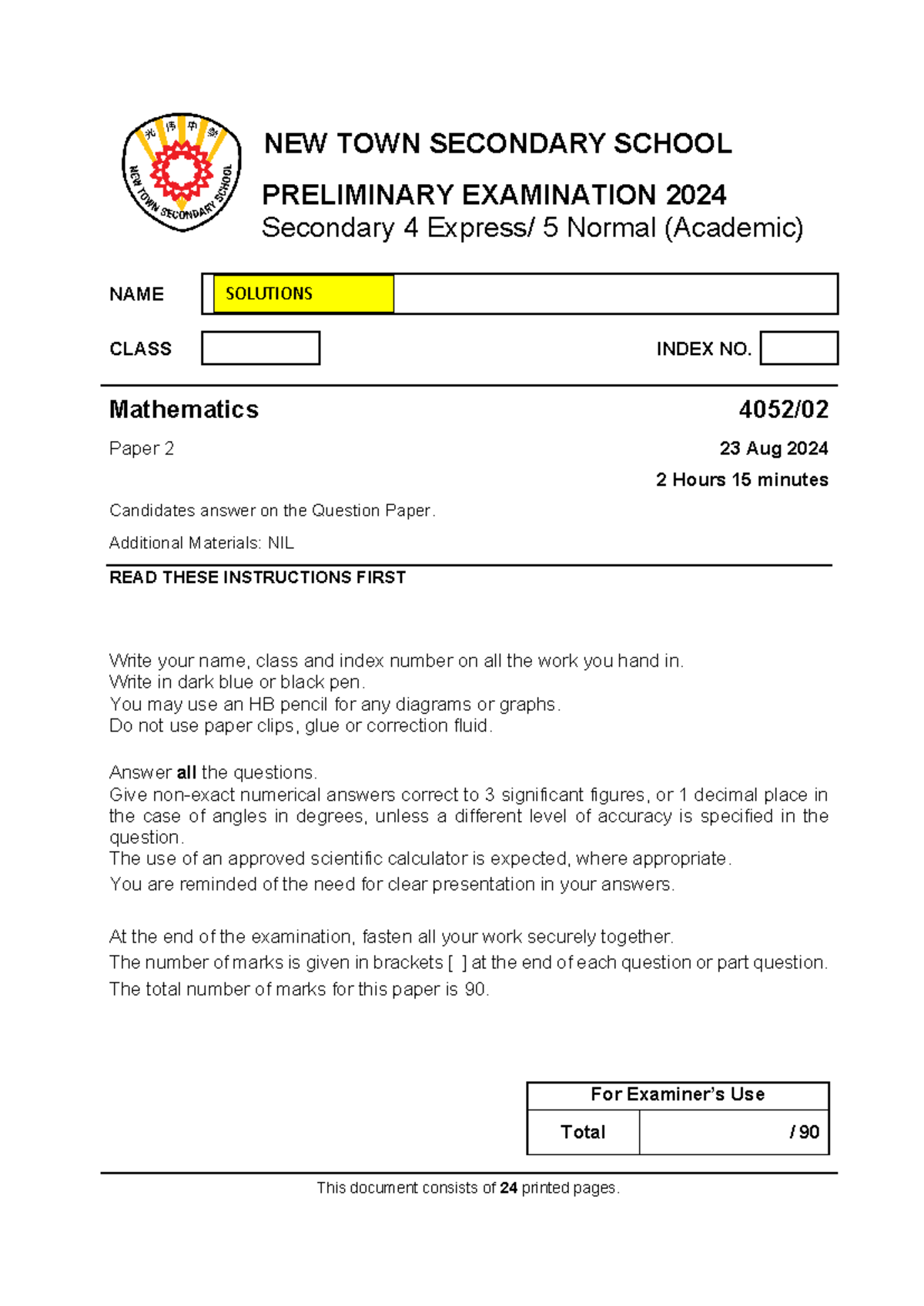 4E5N Preliminary Exam 2024 Mathematics Paper 2 Solutions - Studocu