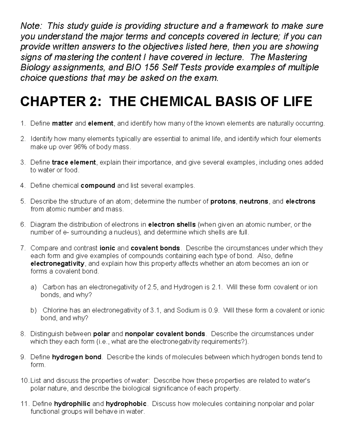 BIO 156 Chapter 2 Study Guide: The Chemical Basis of Life - Note: This study guide is providing ...
