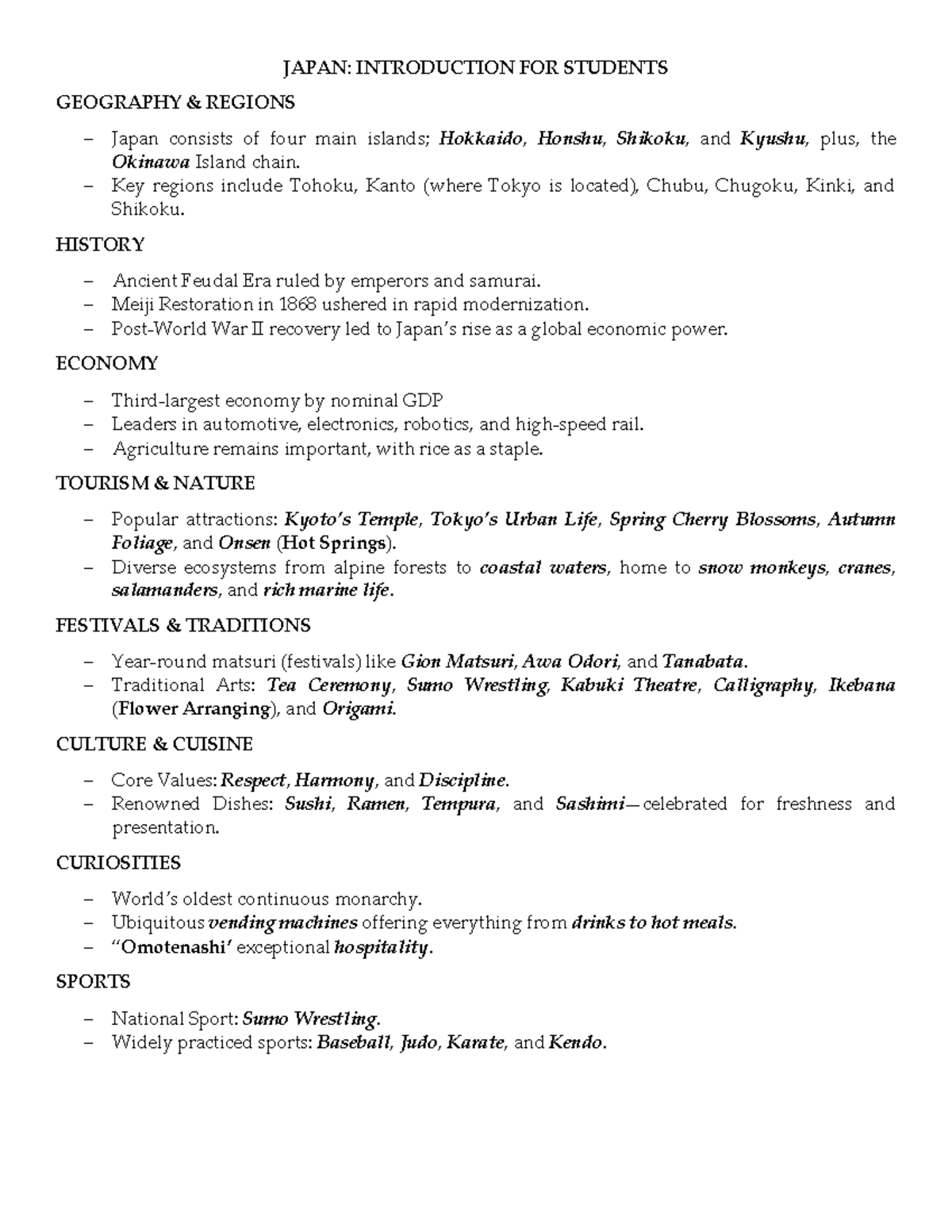 FL - Notes on Japan: Geography, History, Economy, and Culture - Studocu