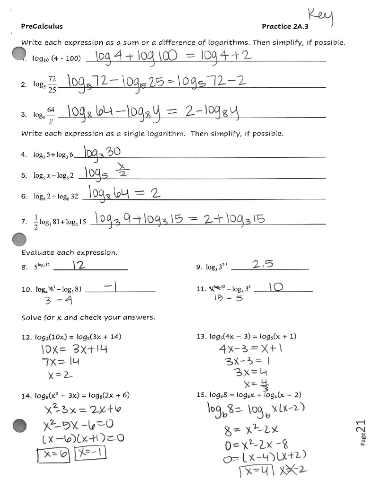 PreCalculus Practice 2A - Key for Logarithm Expressions and ...