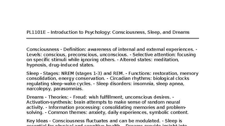 PL1101E Intro to Psychology: Consciousness, Sleep & Dreams - Studocu