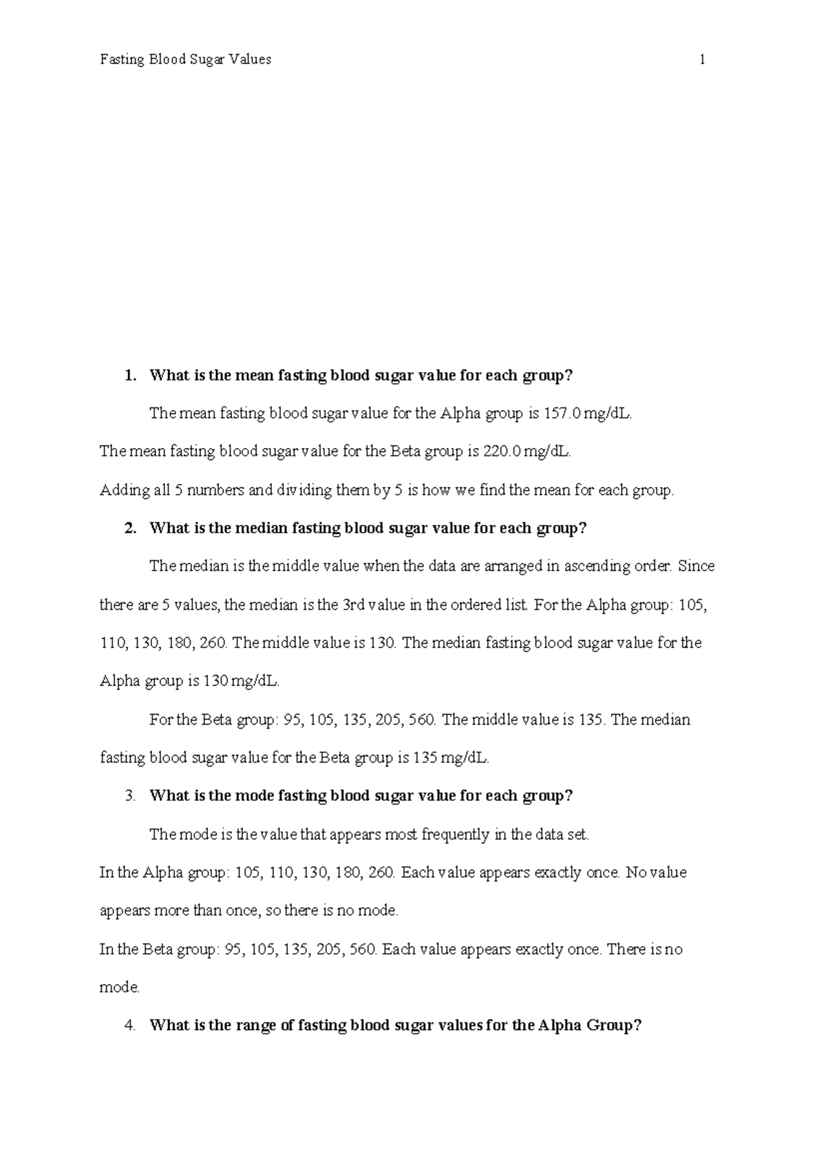 FBS Assignment: Analysis of Fasting Blood Sugar Values - Studocu