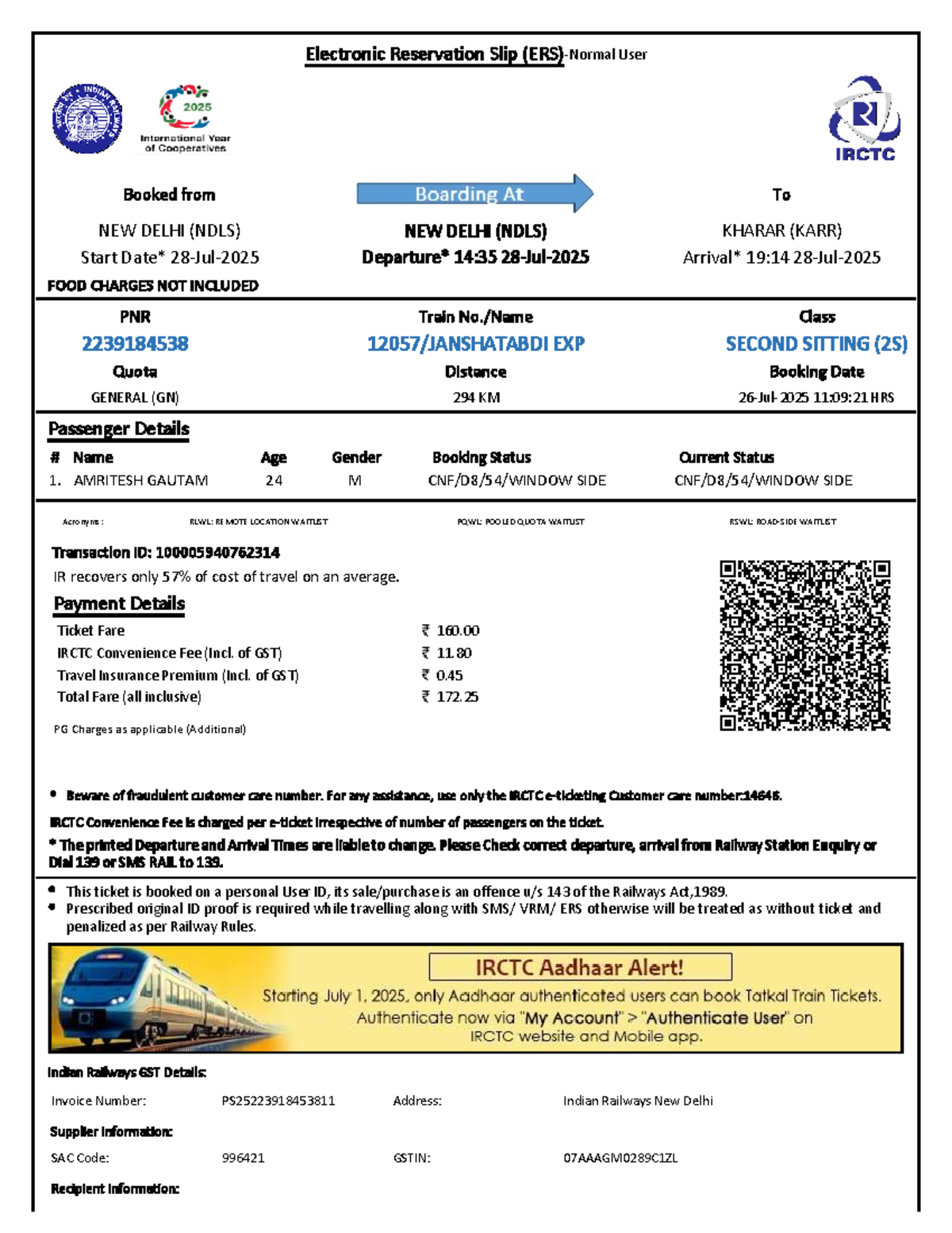 Electronic Reservation Slip for Train 2239184538: NDLS to KARR - Studocu