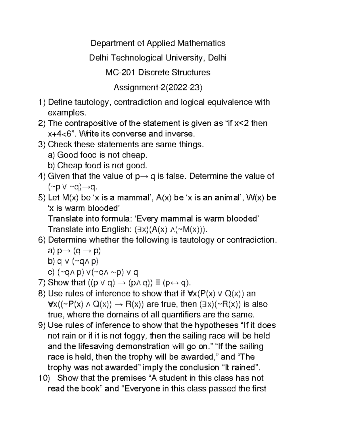 Discrete Mathematics- Assignment 2 - Department of Applied Mathematics Delhi Technological - Studocu