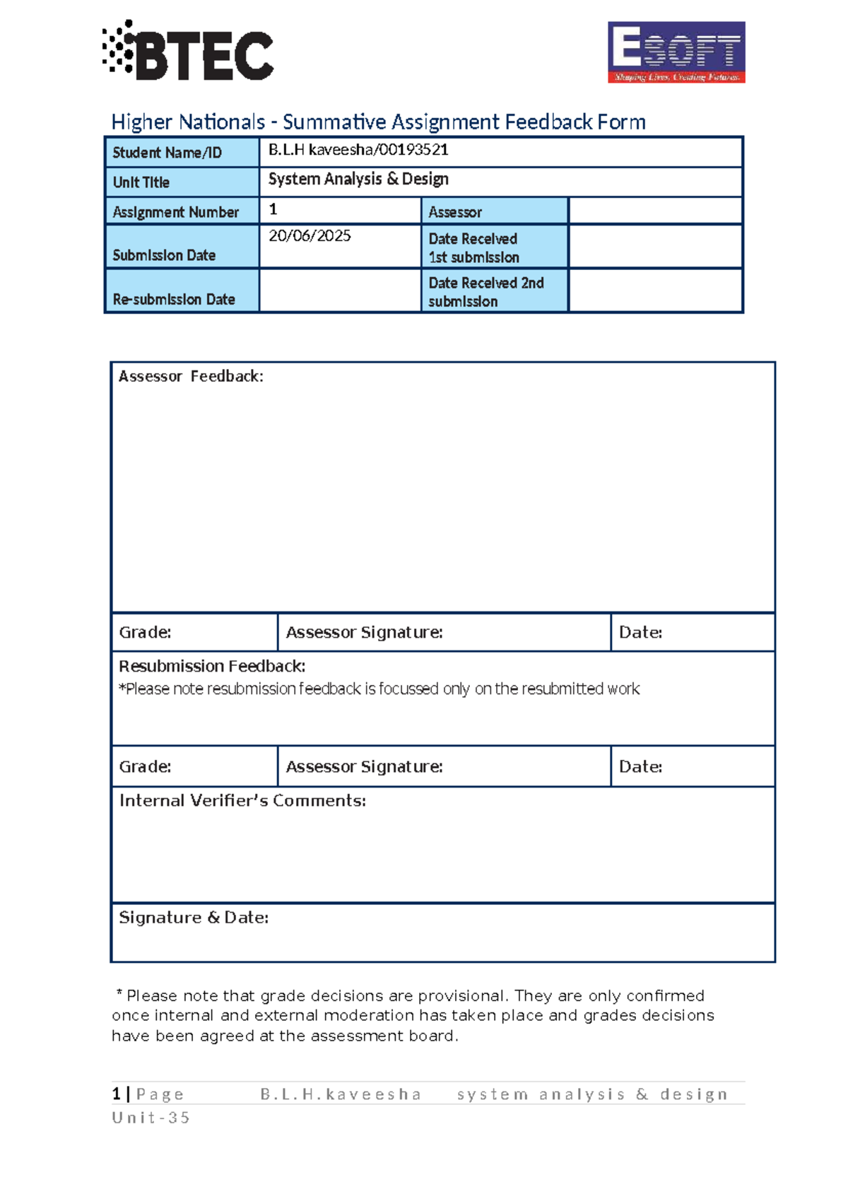 Unit 35: System Analysis and Design Summative Assignment Feedback Form - Studocu