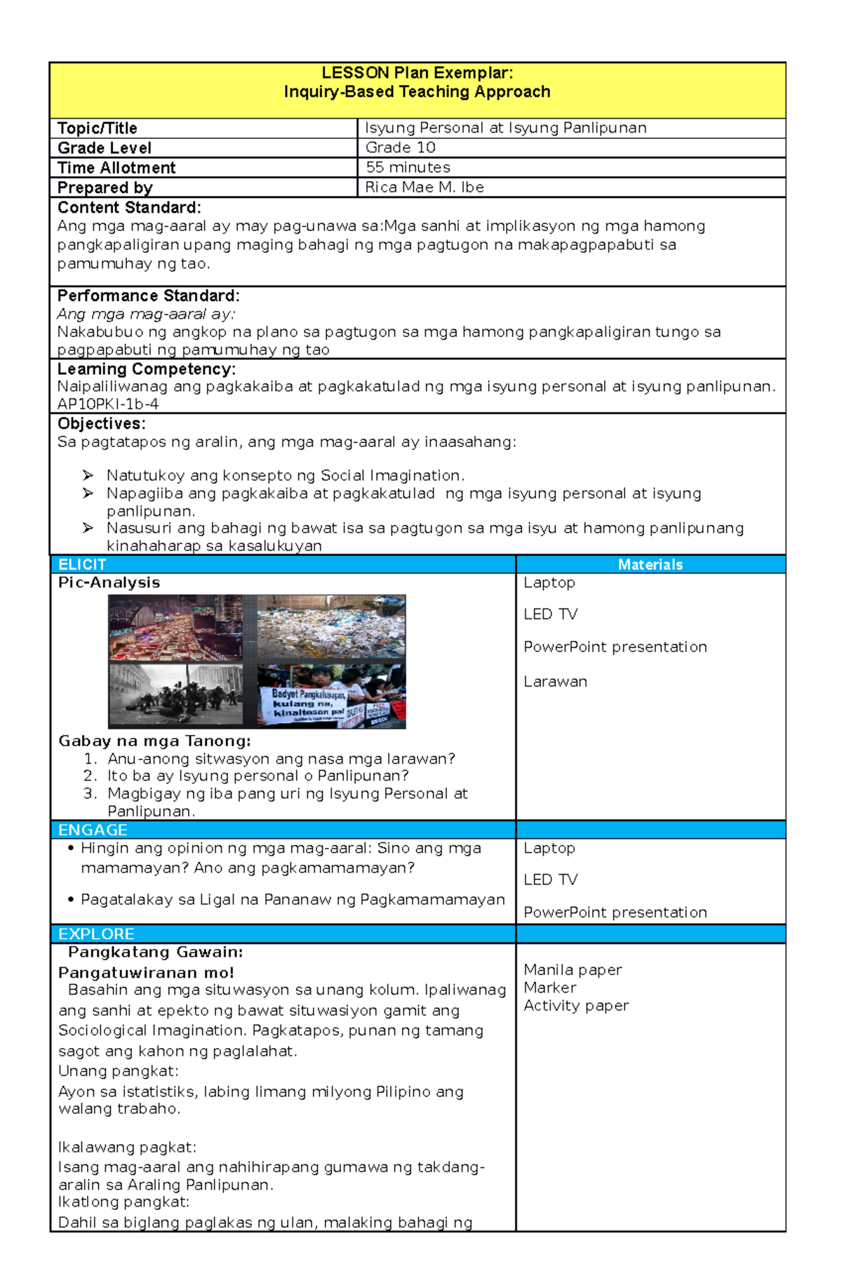Lesson Plan Exemplar 4th - LESSON Plan Exemplar: Inquiry-Based Teaching ...