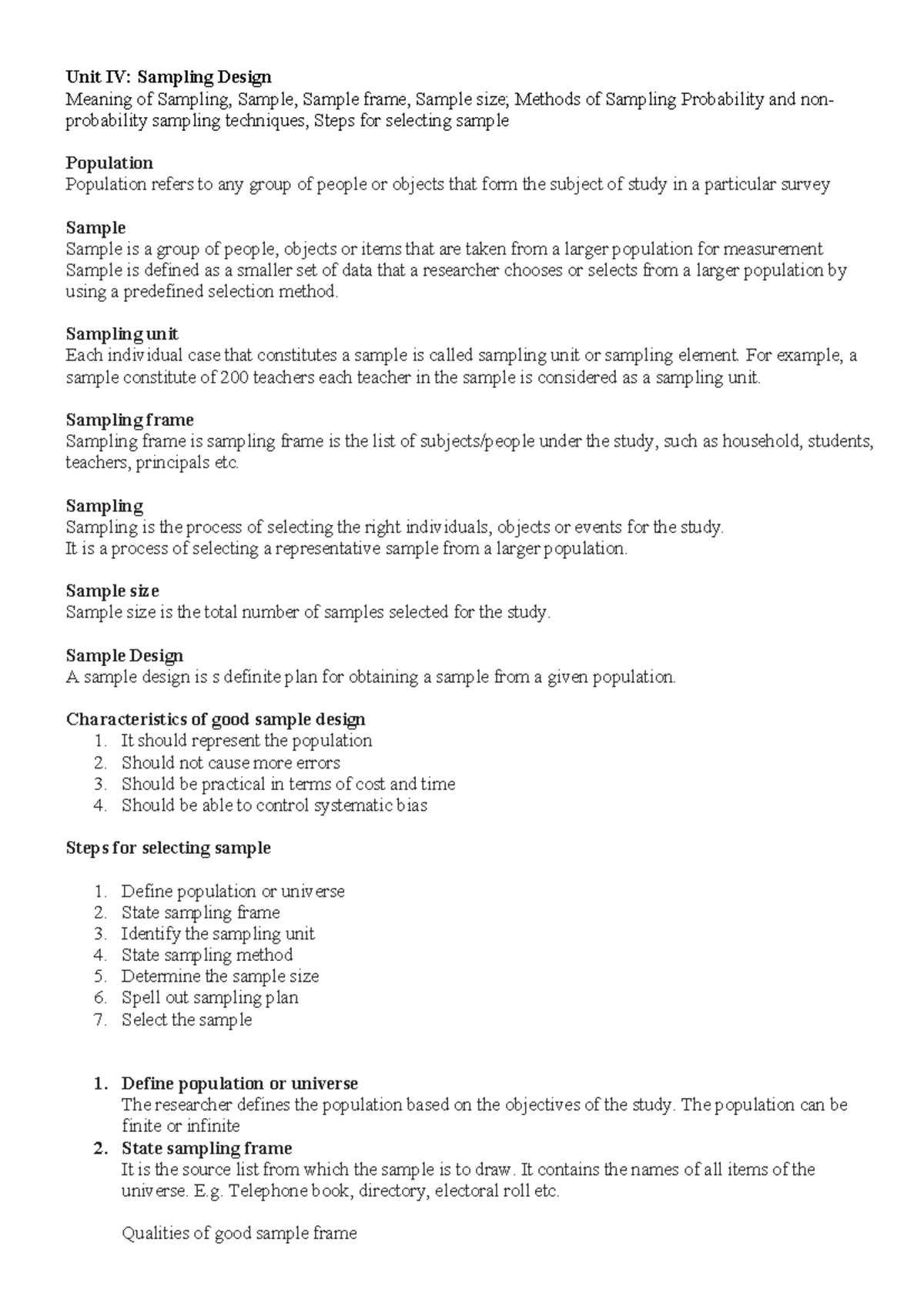 Unit IV: Sampling Design and Data Collection Methods in Research Methodology 4-6 - Studocu