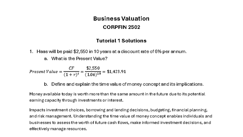 Business Valuation CORPFIN 2502 Tutorial 1 Solutions - Studocu