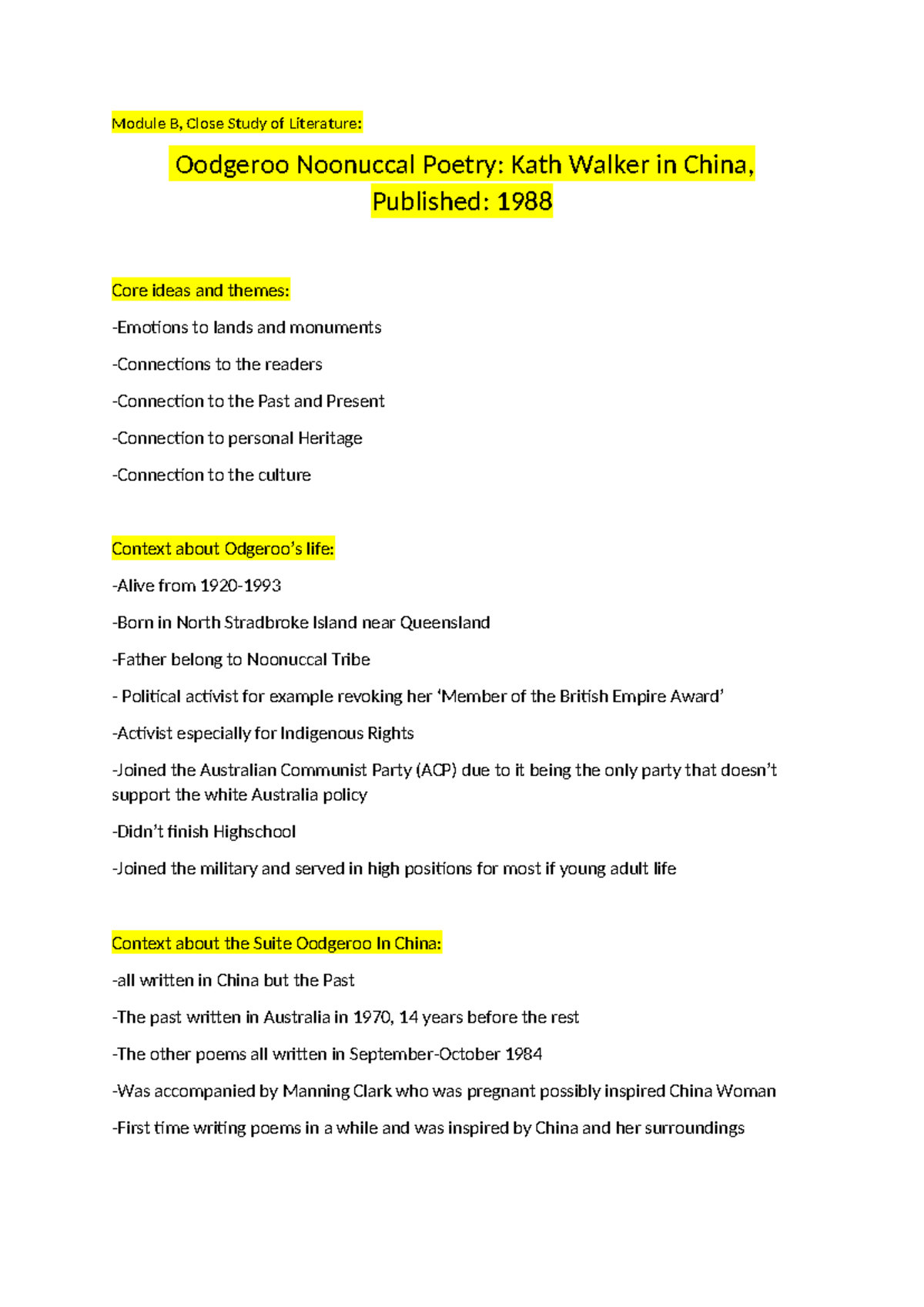 Oodgeroo Noonuccal: Poetry Analysis Notes (ENG123) - Studocu