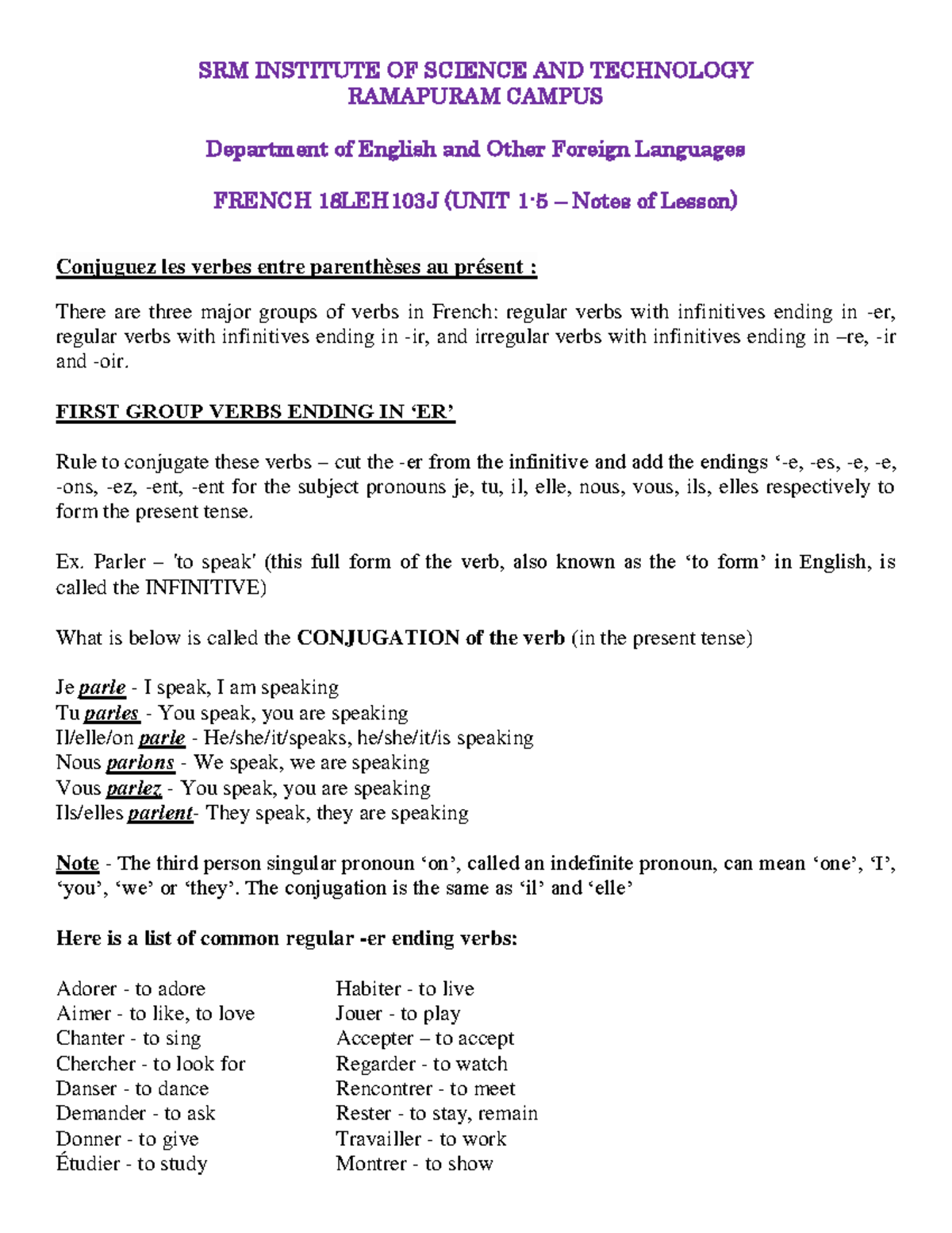 French 18LEH103J - Conjugaison des verbes au présent: Notes de leçon ...