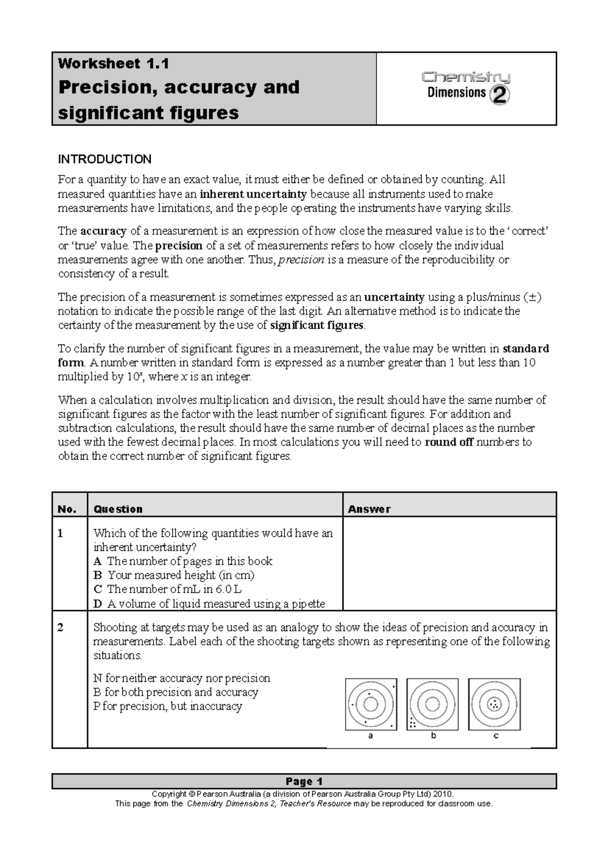 CD2 WS 11 - worksheets - Worksheet 1. Precision, accuracy and ...