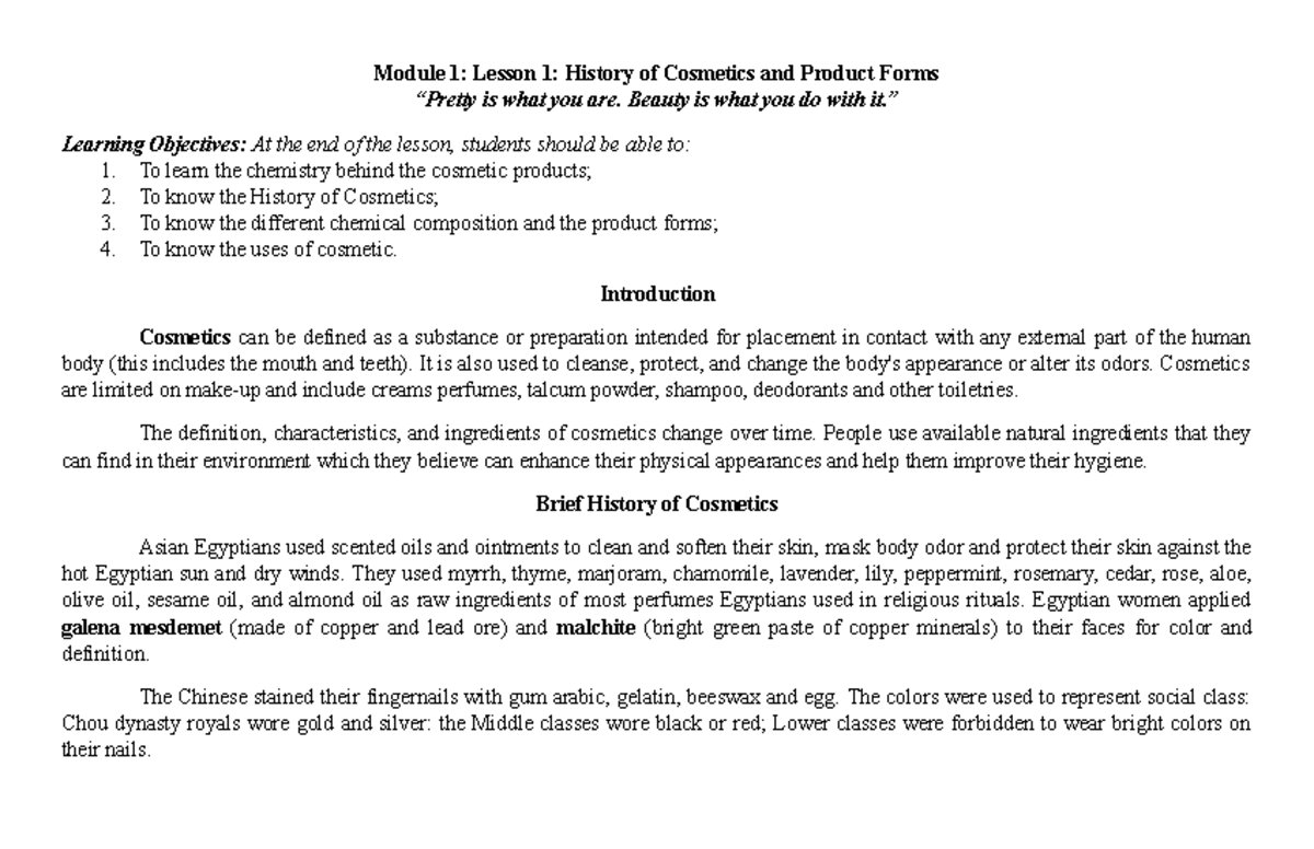 Consumer Chemistry: Cosmetics and Their History - Quarter 2 Lessons ...