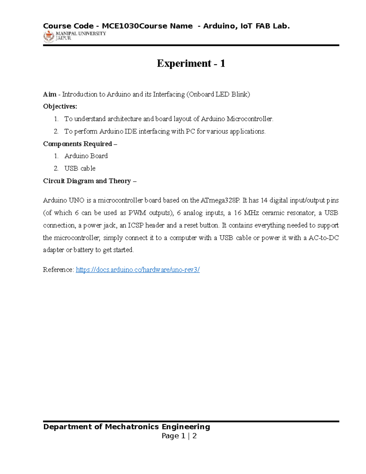 MCE1030 Arduino IoT Lab: Experiment 1 - LED Blink Interfacing - Studocu