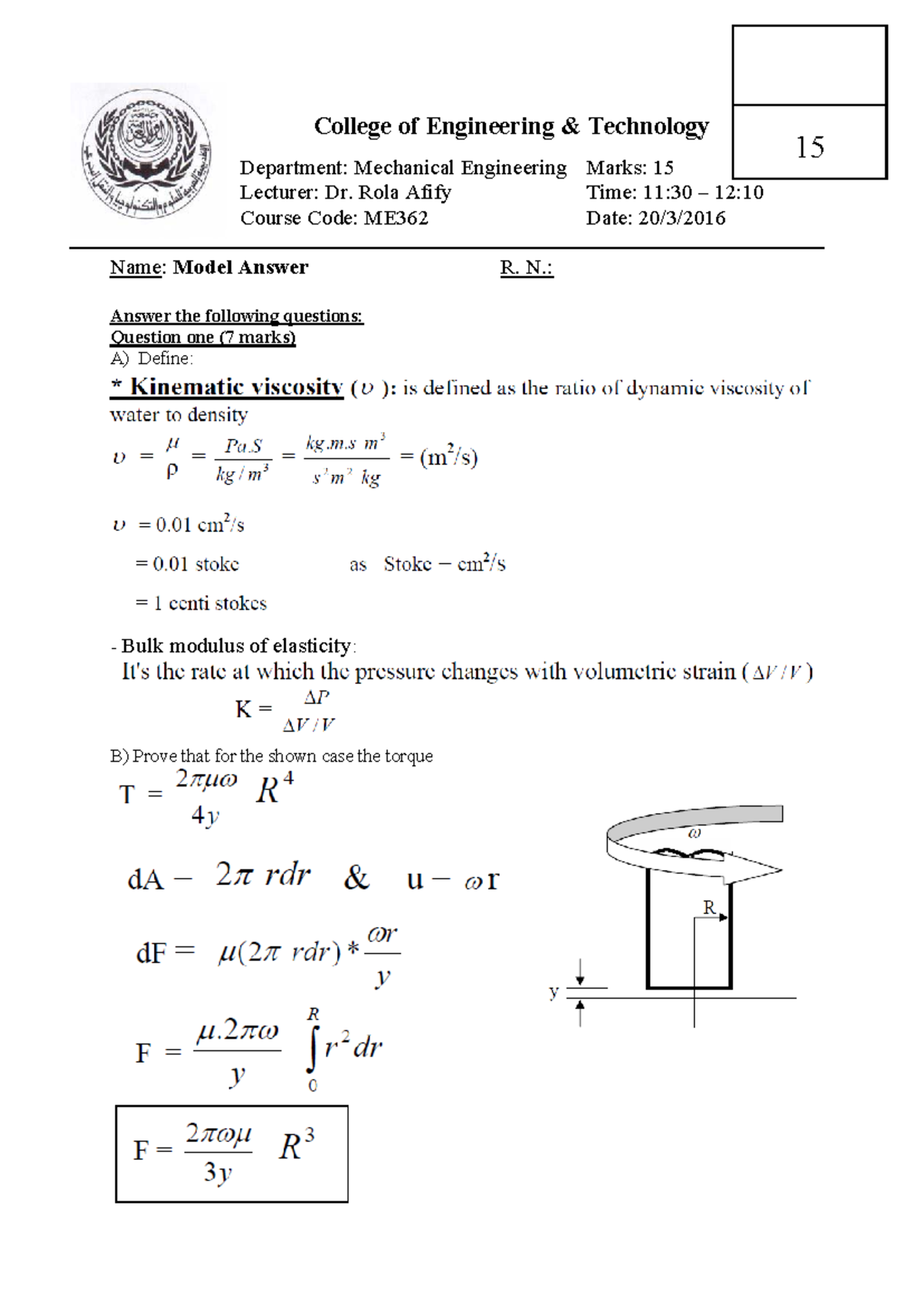 Model Answer for ME362: Bulk Modulus & Torque Questions - Studocu
