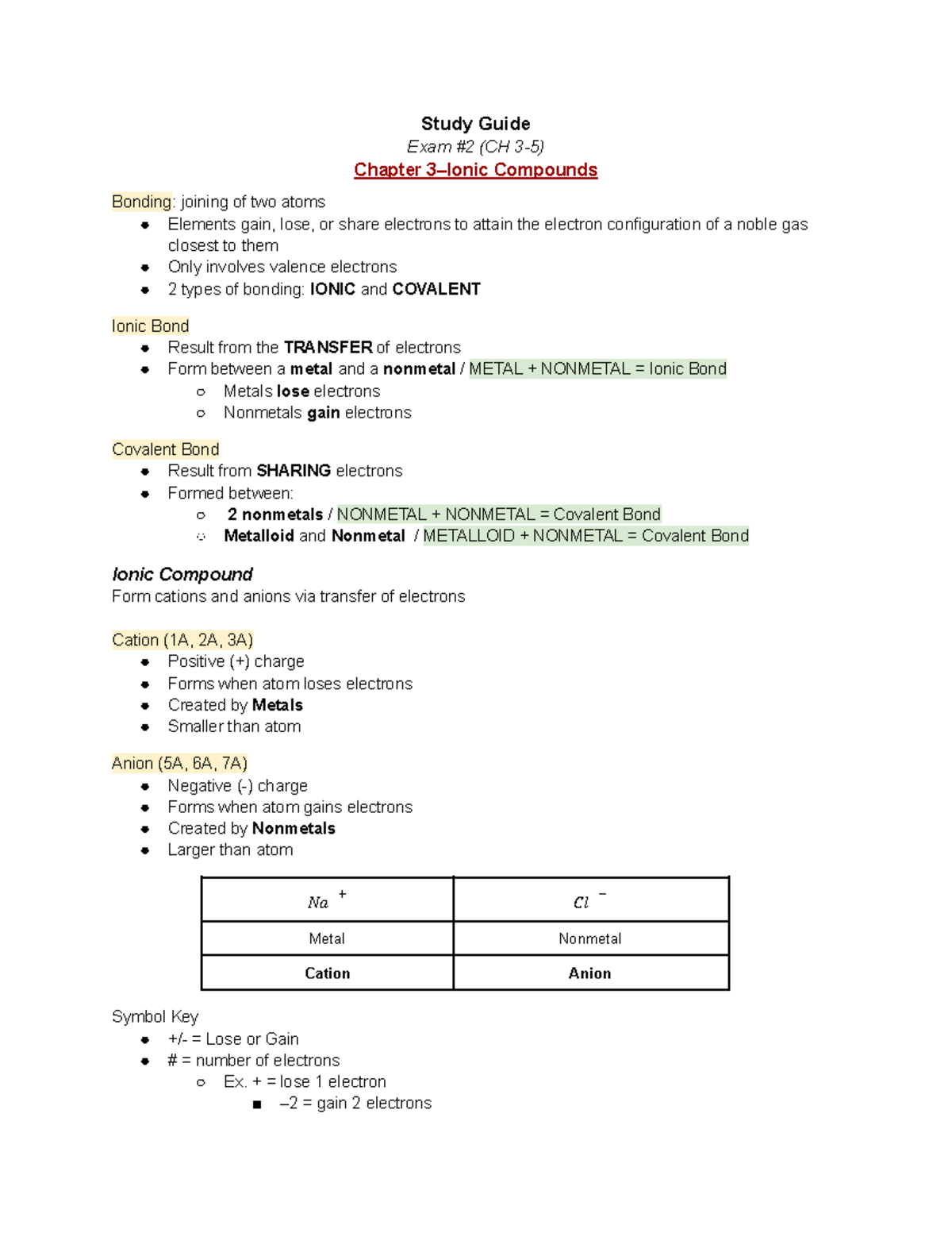 Chemistry Study Guide: Ionic & Covalent Compounds (CHEM CH 3-5) - Studocu