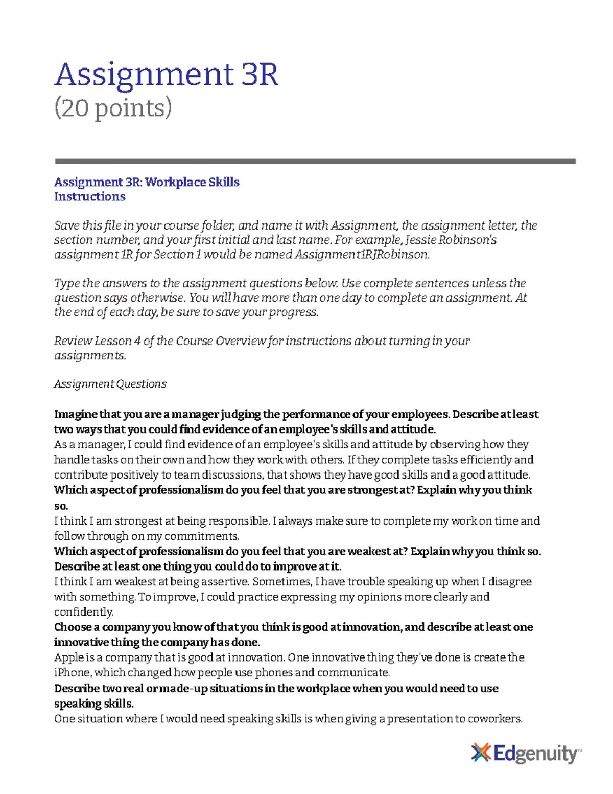 Assignment 3R - business - Assignment 3R (20 points) Assignment 3R ...