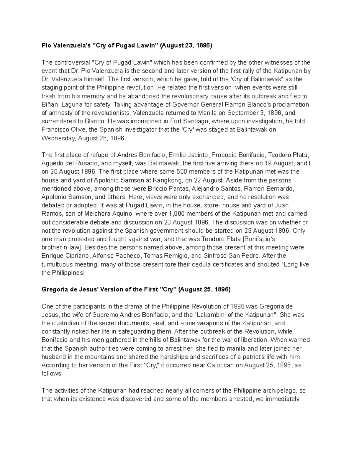 The Cry: 4 Versions of the Philippine Revolution (August 1896) - Studocu