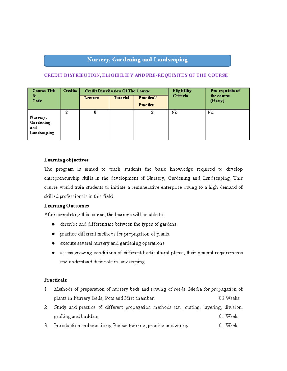 Nursery, Gardening & Landscaping Syllabus (Course Code: NGL101) - Studocu