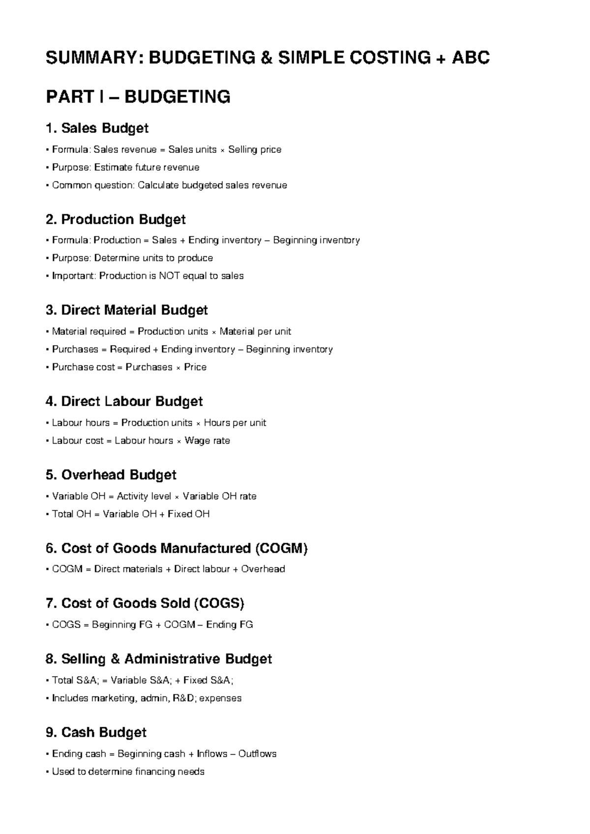 Budgeting & ABC Summary: Key Formulas & Concepts - Studocu
