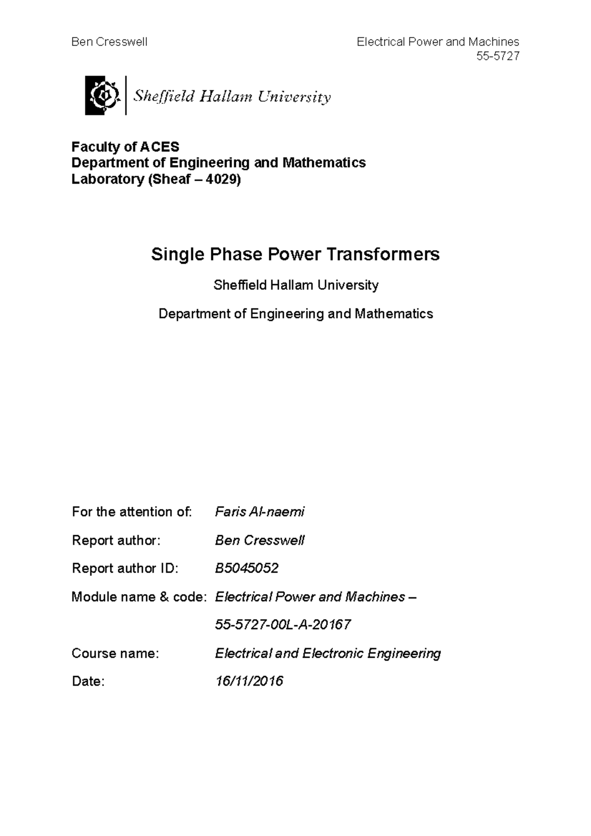 Lab Report on Single Phase Transformer: Electrical Power & Machines 55 ...
