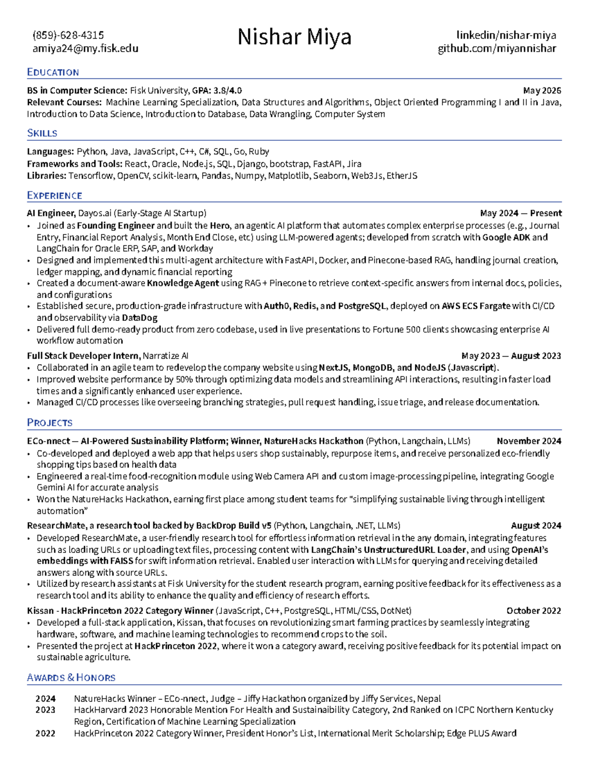 Nishar Miya Resume - BS in CS, Skills & Experience Overview - Studocu