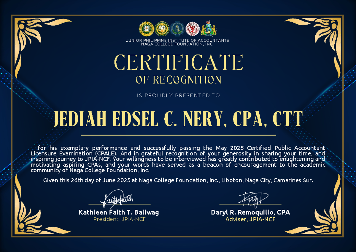 Certificate of Recognition for Jediah Edsel C. Nery, CPA - June 2025 ...