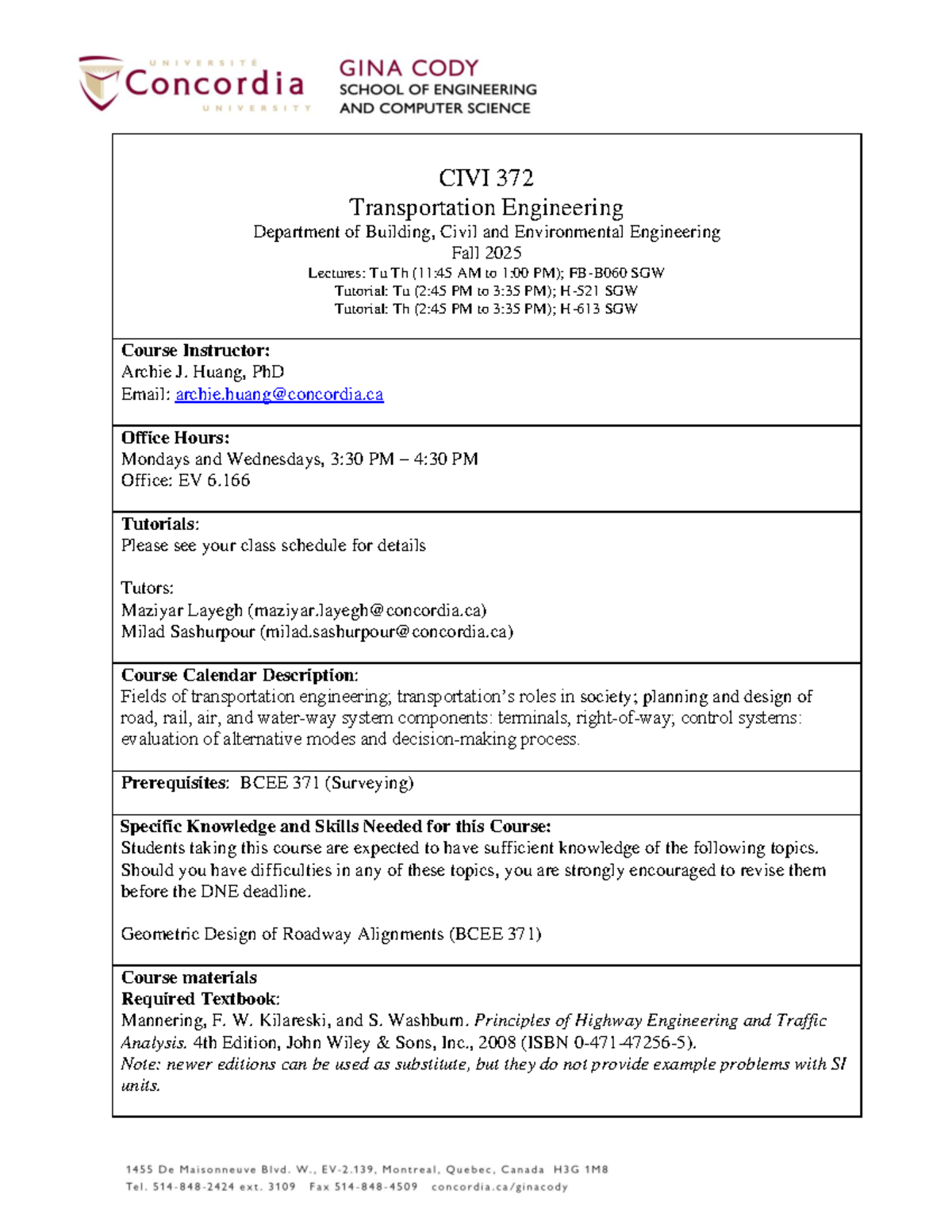 CIVI 372 Transportation Engineering Course Outline - Fall 2025 - Studocu