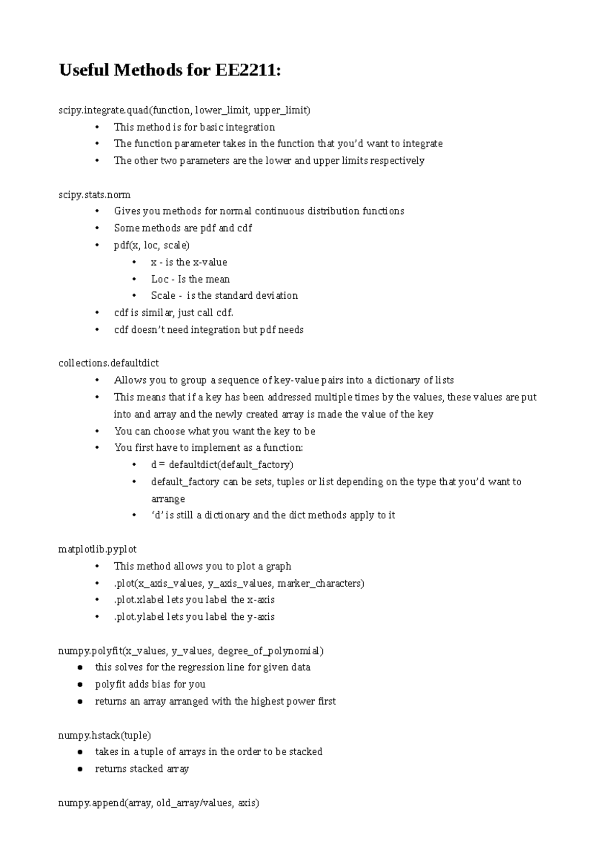 EE2211 Cheat Sheet: Essential Methods and Functions for Students - Studocu