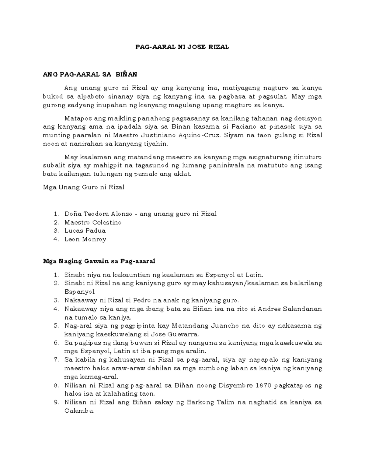 Pag-aaral ni Jose Rizal: Mga Guro at Karanasan sa Ateneo at UST - Studocu