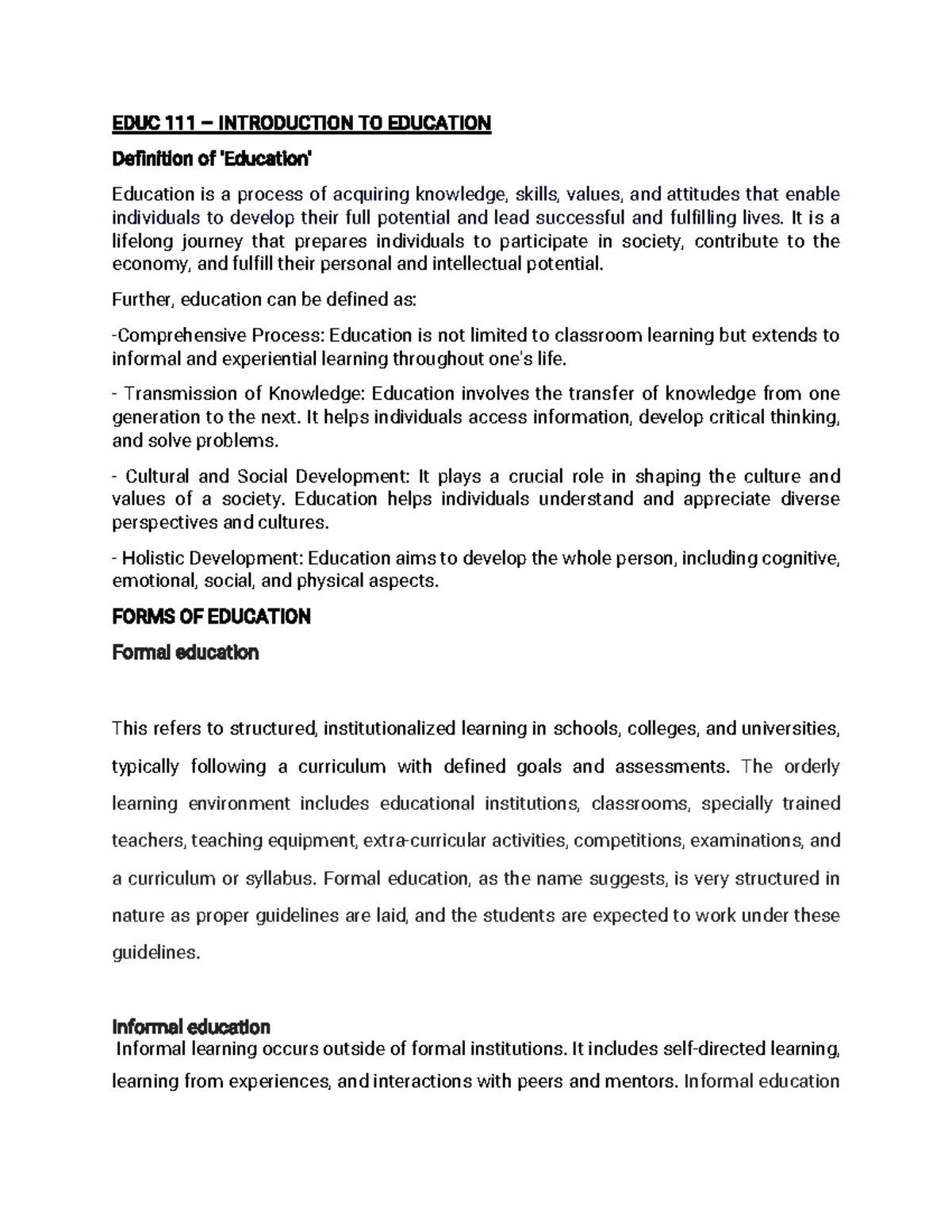 EDUC 111 - Introduction to Education: Key Concepts and Foundations - Studocu