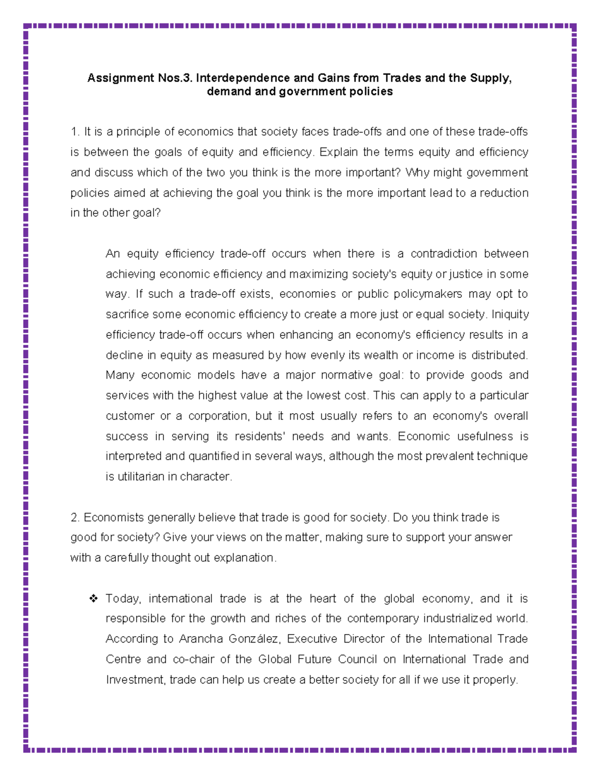 Assignment No. 3 - Assignment Nos. Interdependence and Gains from ...