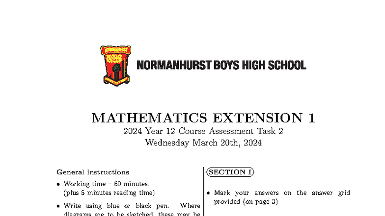 2024 Year 12 Mathematics Extension 1 Assessment Task 2 Question Paper ...