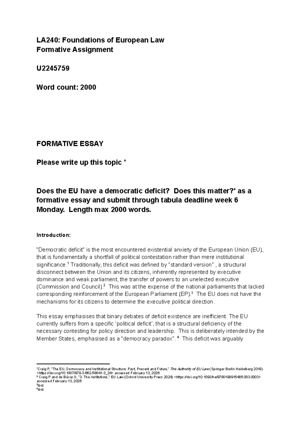 LA240: Formative Essay on EU's Democratic Deficit Analysis - Studocu