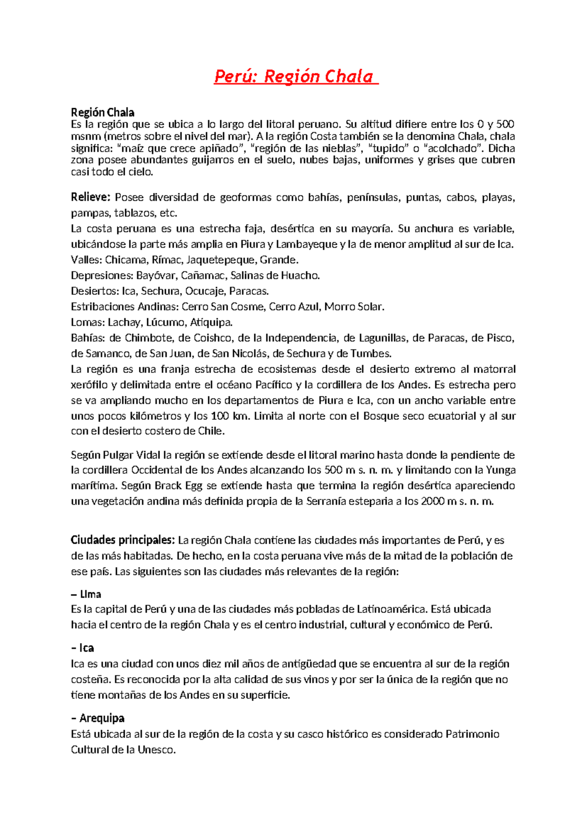 Estudio sobre la Región Chala de Perú: Características y Ecología - Studocu