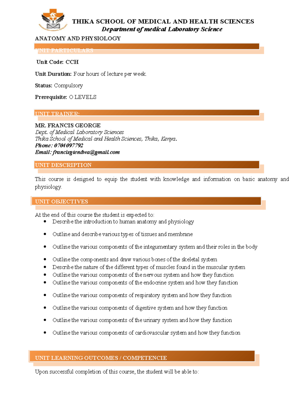 Anatomy and Physiology Course Outline - CCH Unit at Thika School - Studocu