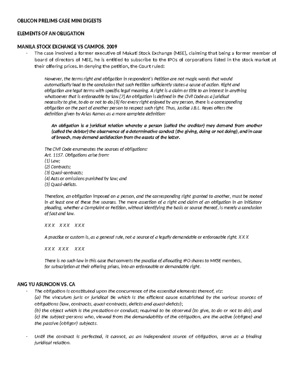 OBLICON PRELIMS CASE MINI DIGESTS: Key Legal Principles and Cases - Studocu