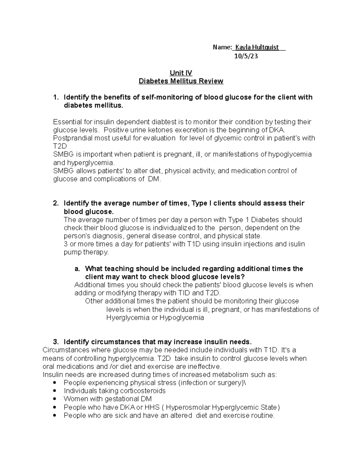 Unit IV Diabetes Mellitus Worksheet 2023 - Name:Kayla Hultquist_ 10/5 ...