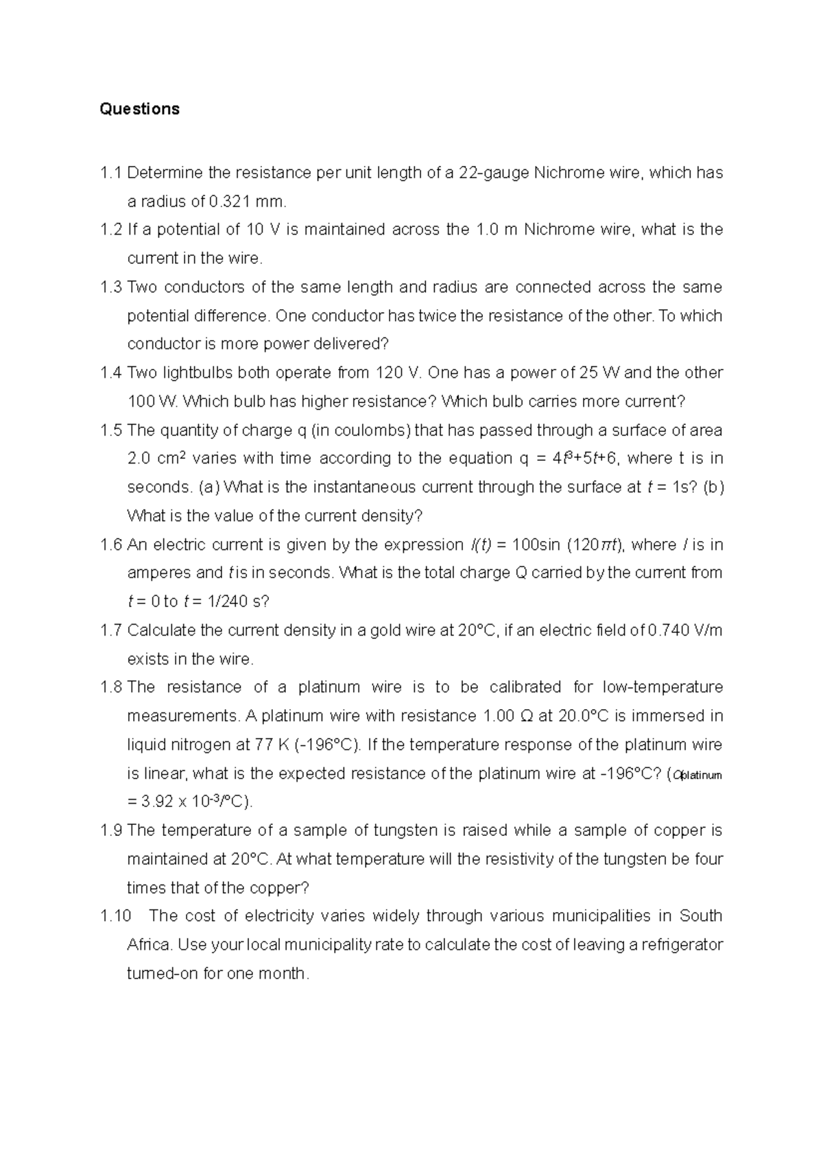 SPHB000 Assignment 03 - Practice Questions on Electric Circuits and ...