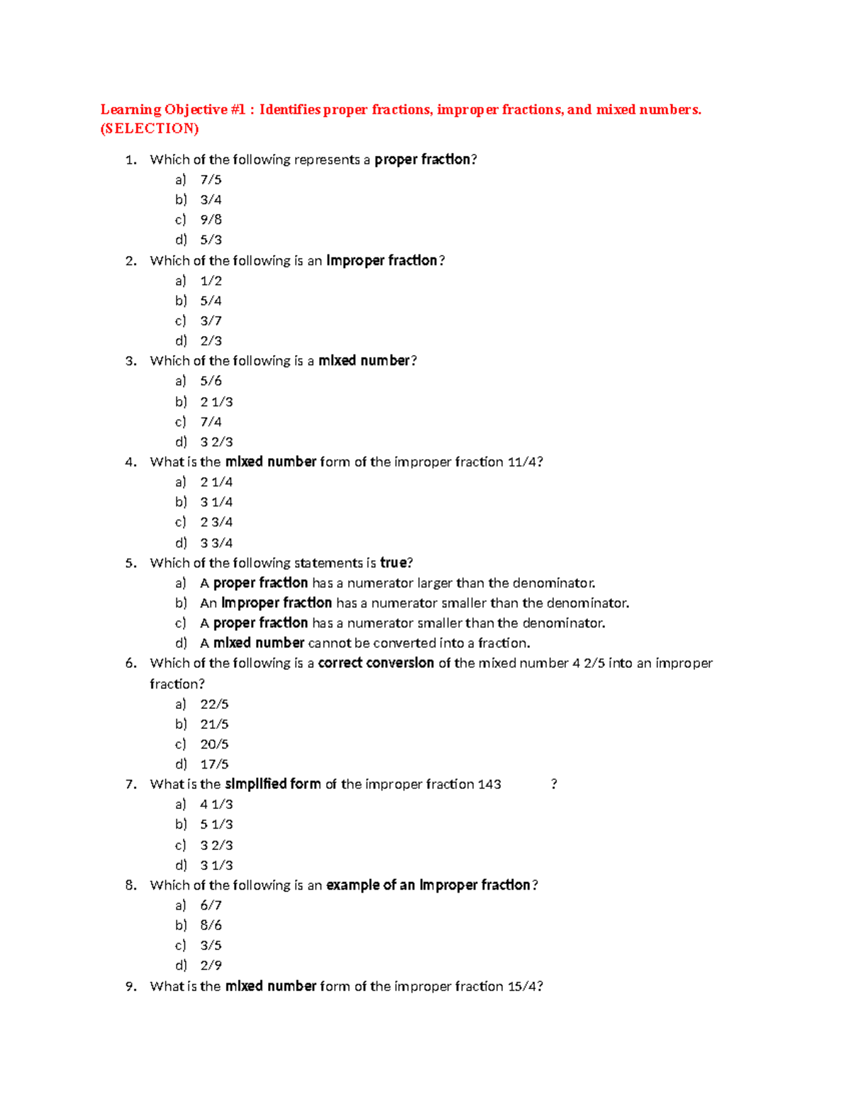 Summative TEST Fractions - Learning Objective #1 : Identifies proper ...