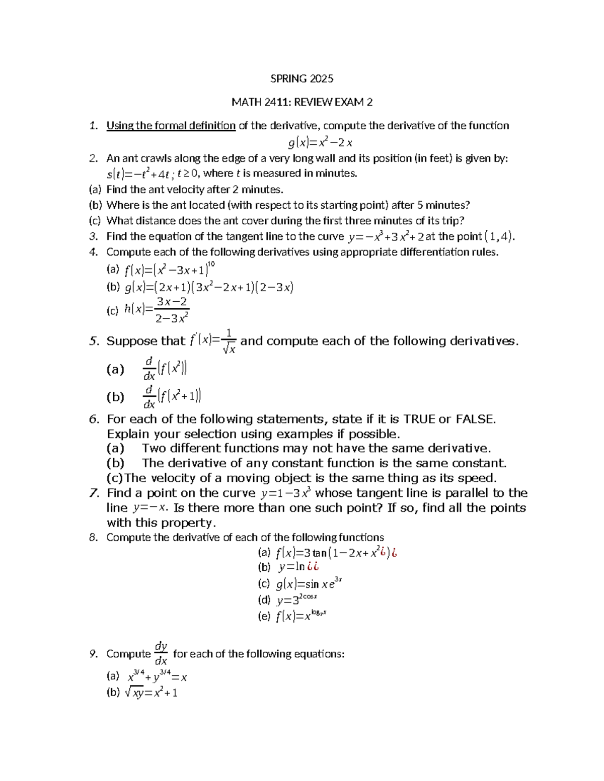 SPRING 2025 MATH 2411: REVIEW EXAM 2 ON DERIVATIVES AND FUNCTIONS - Studocu