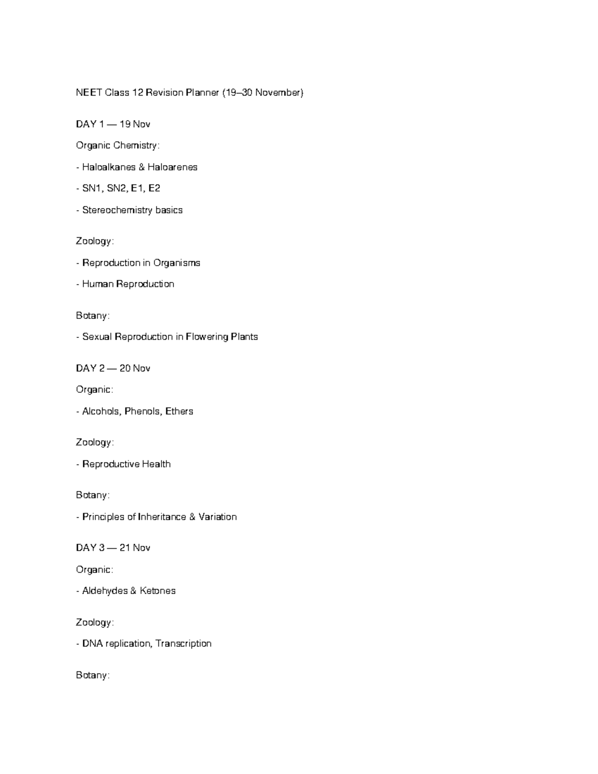 NEET Class 12 November Revision Planner: Organic, Zoology & Botany ...