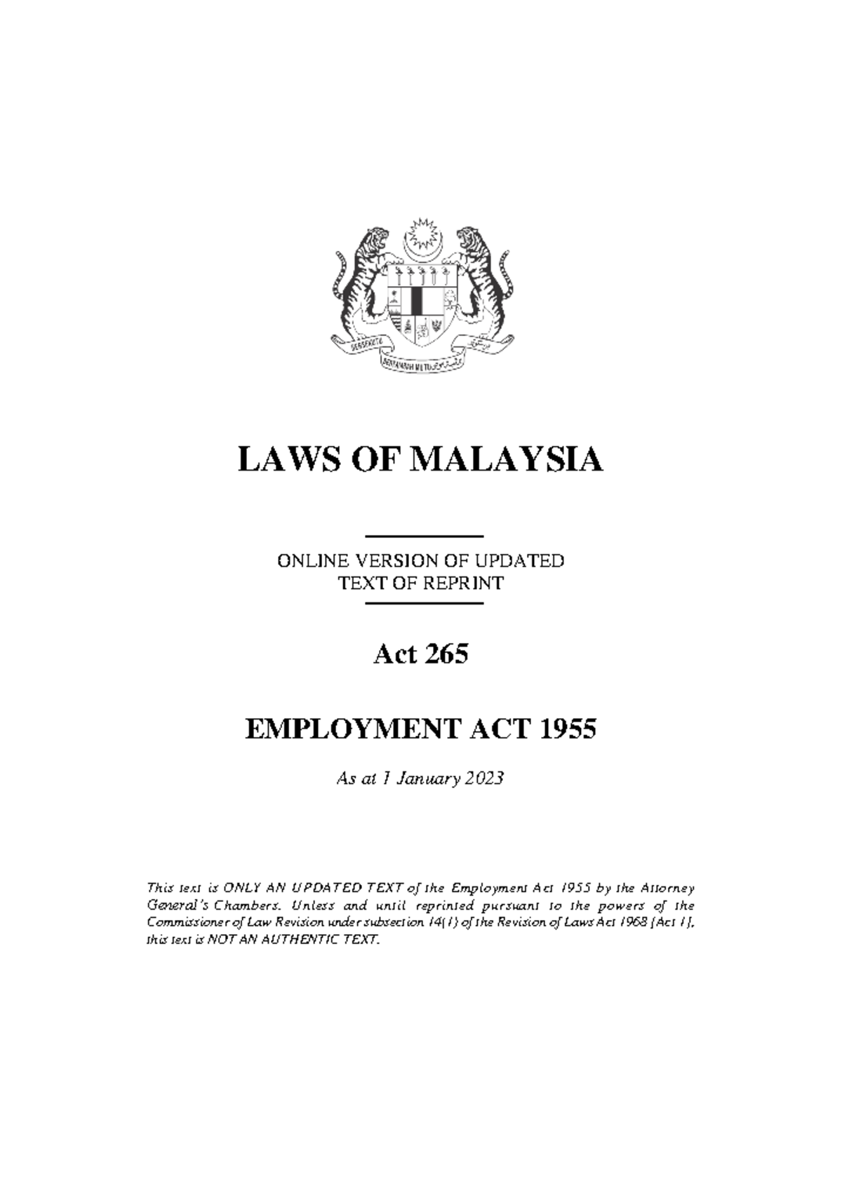 **Updated Employment Act 1955 (Act 265) - As of Jan 2023** - Studocu