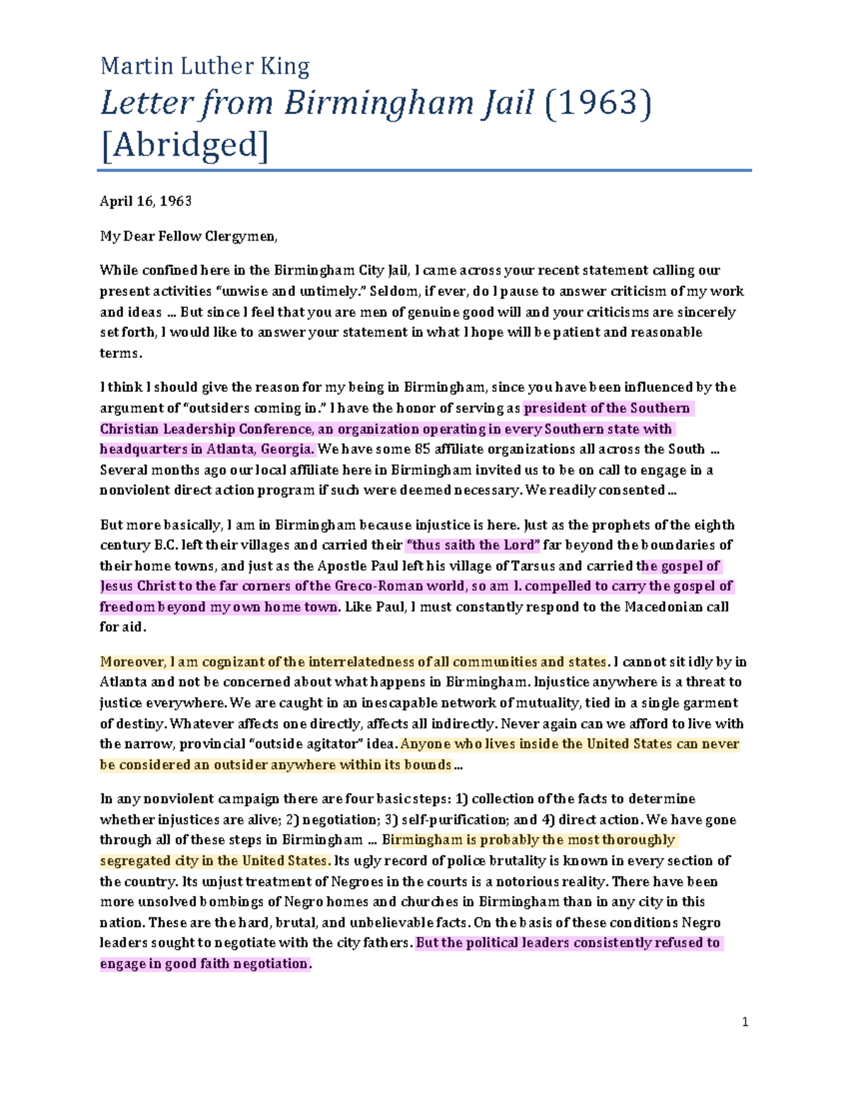 1963 MLK Letter Abridged - Martin Luther King Letter from Birmingham ...